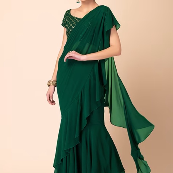 House Of Indya | Sarees | Dark Green Ruffled Prestitched Saree And Dark ...